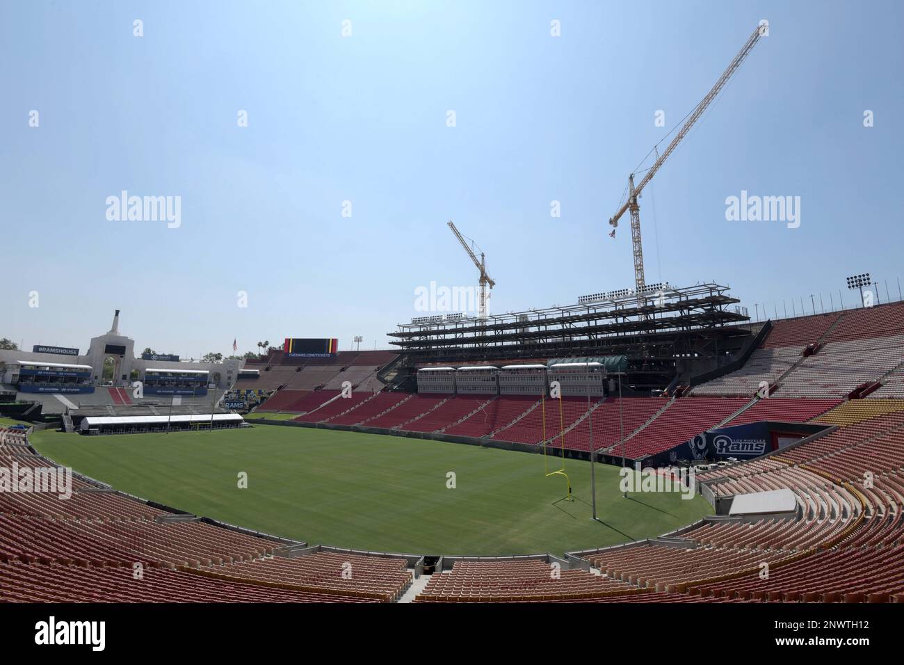 General overall view of renovation of the Los Angeles Memorial Coliseum ...