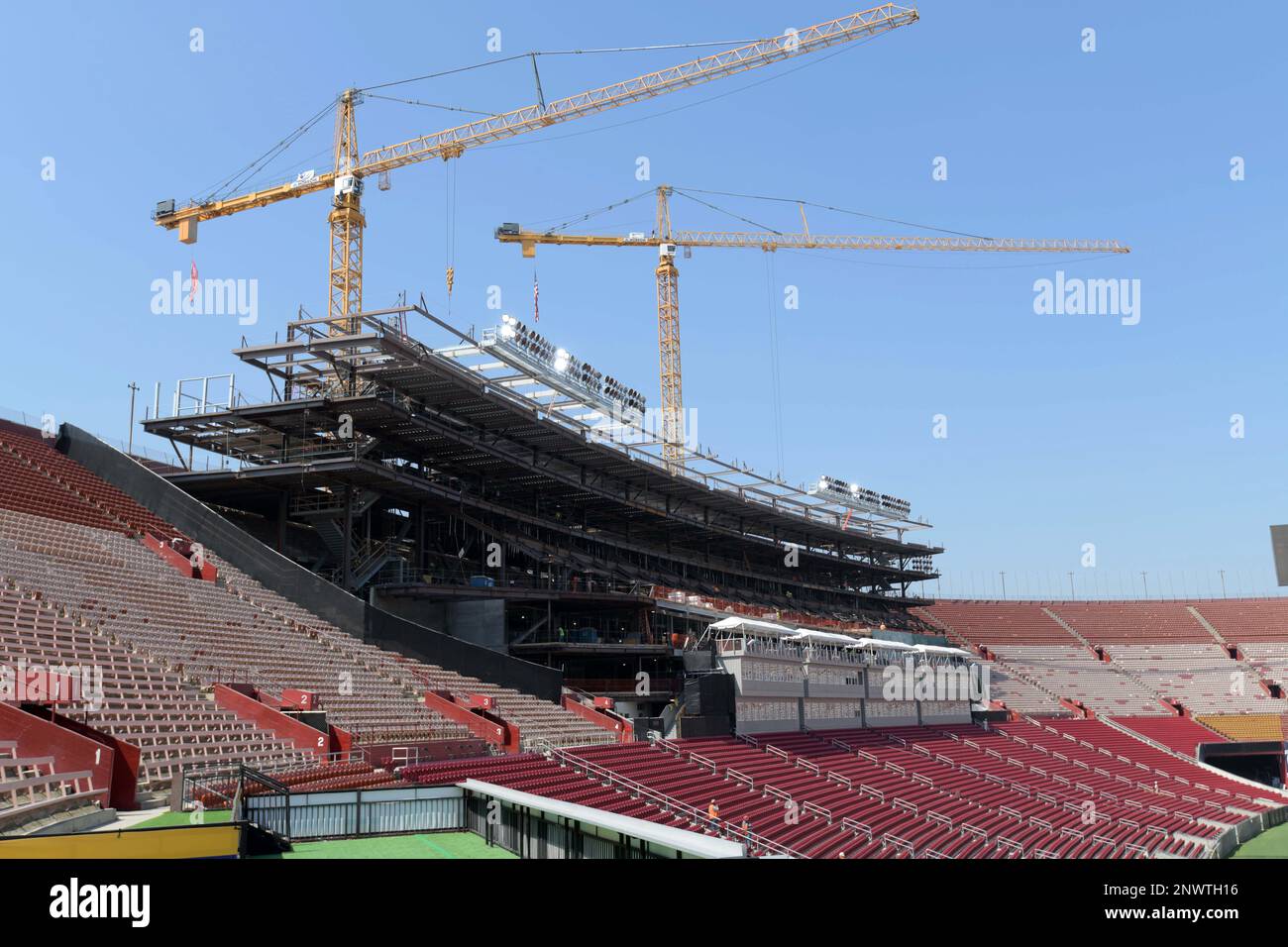 General overall view of renovation of the Los Angeles Memorial Coliseum ...