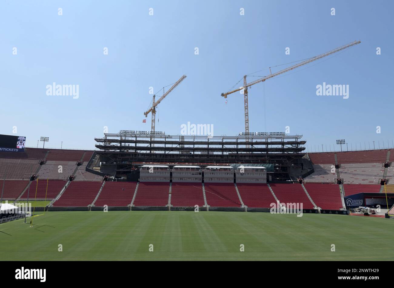 General overall view of renovation of the Los Angeles Memorial Coliseum ...