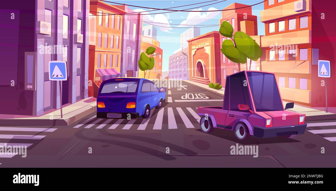 City street with cars on road intersection. Urban landscape with houses ...