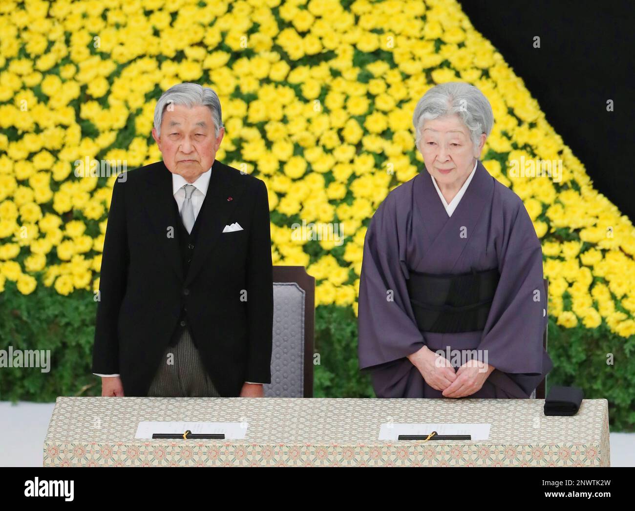 Japan's Emperor Akihito and Empress Michiko attend a memorial ceremony ...