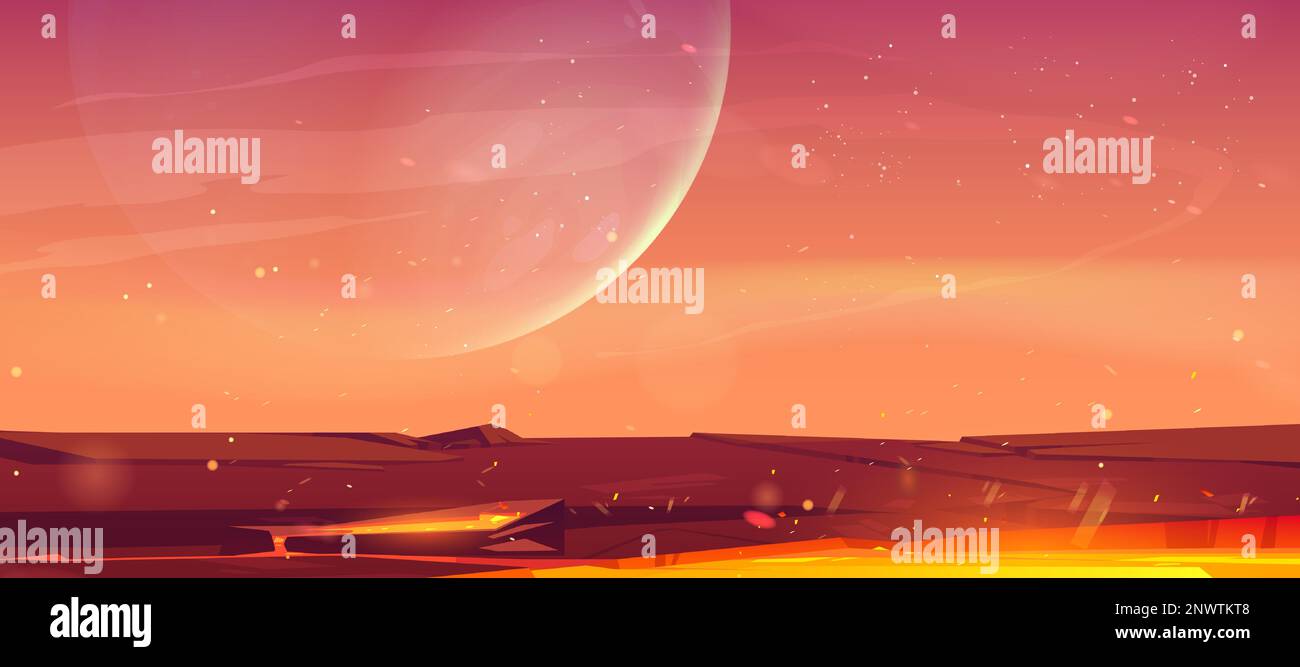 Rocky surface of alien planet with lava flow. Vector cartoon ...