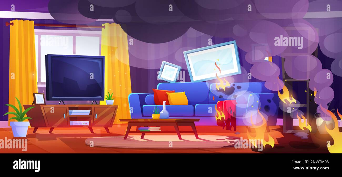 Fire in living room with tv cartoon background. Furniture apartment in ...