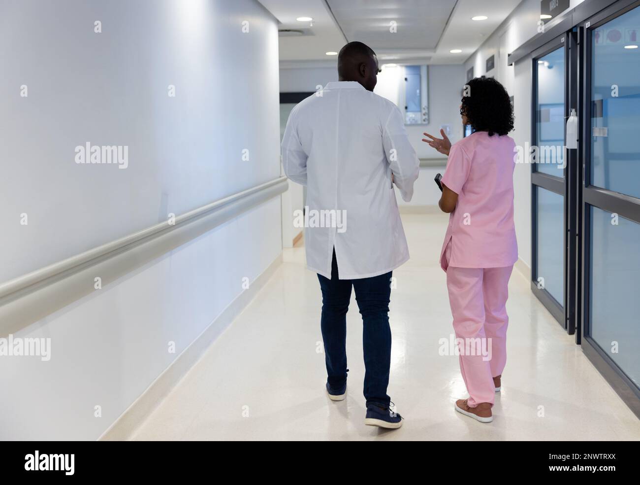 Diverse male and female doctors walking and talking in hospital. Health ...