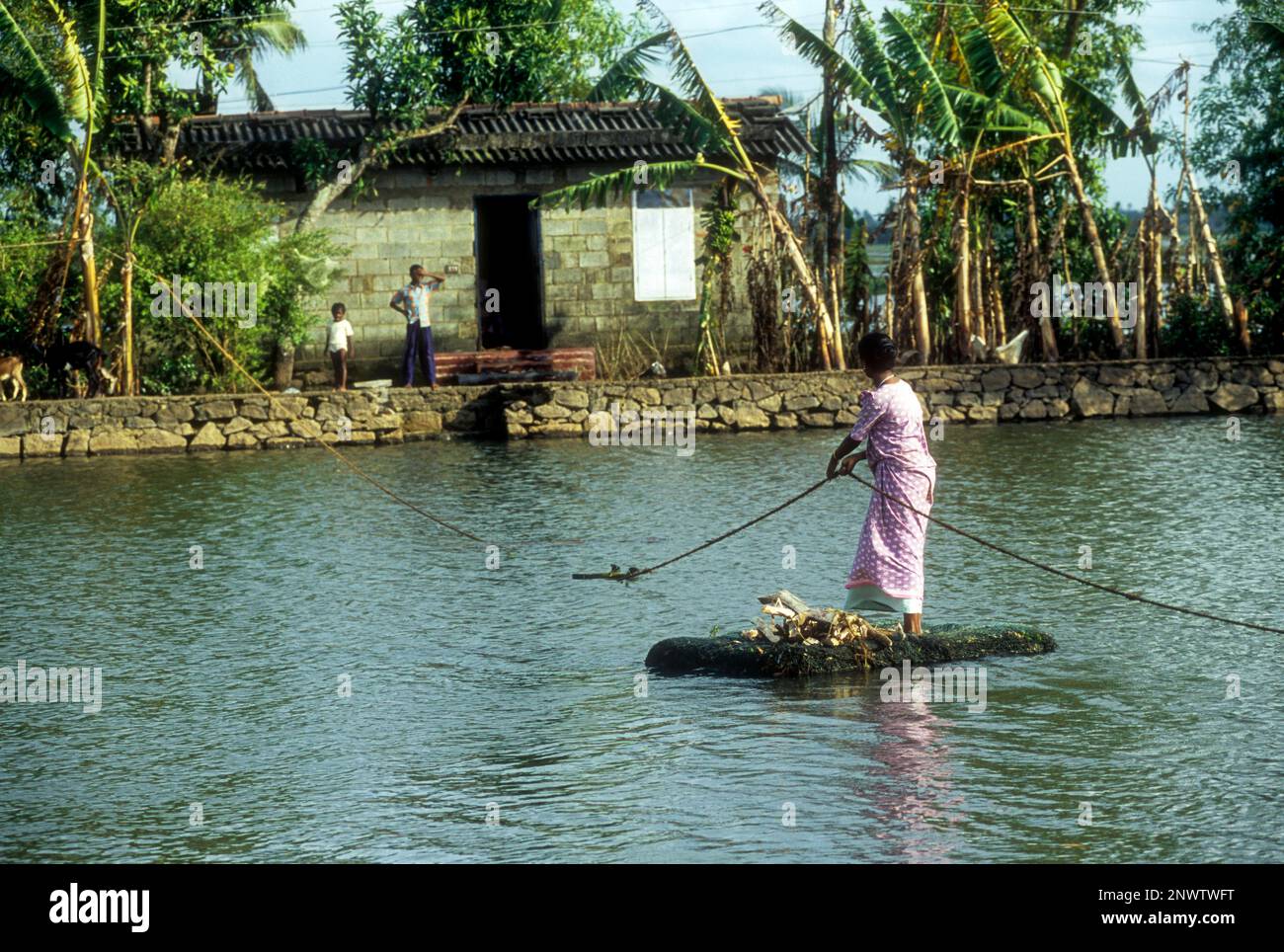 A woman crossing the Backwaters with the help of the rope and a country ...