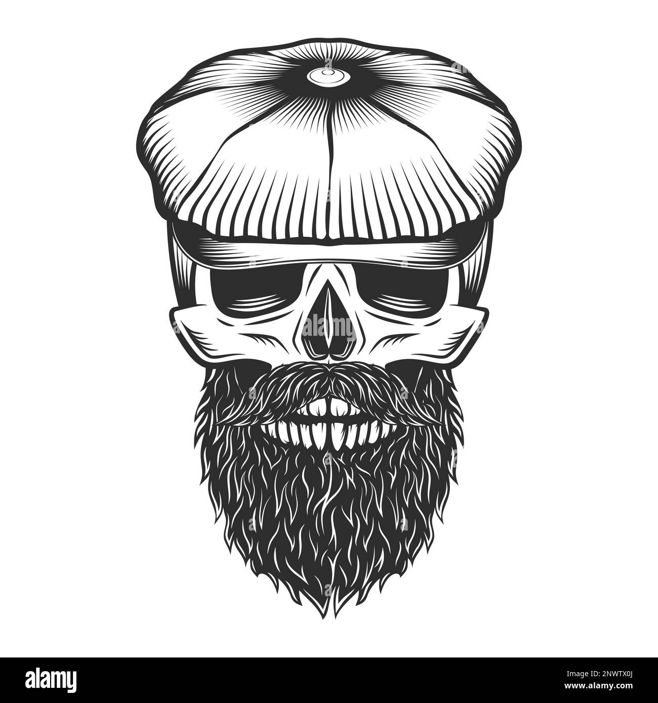 Skull with beard and mustache in the tweed hat flat cap vector vintage ...