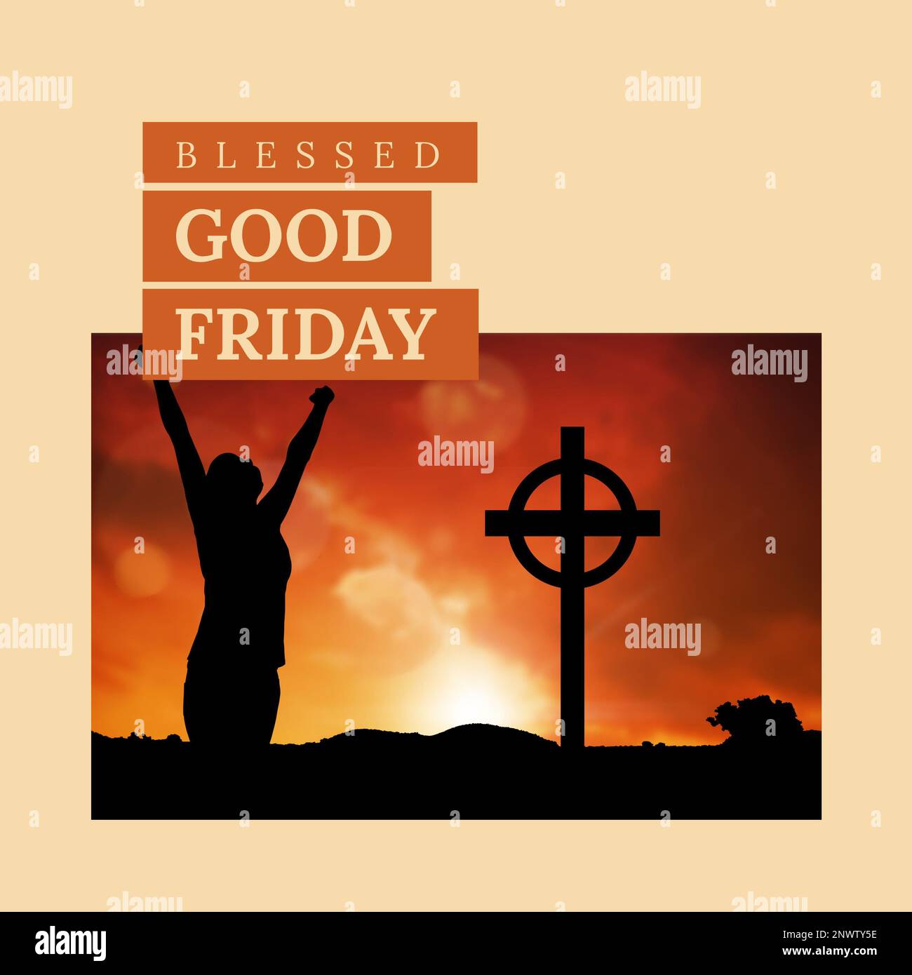 Image of blessed good friday text over silhouette of woman raising ...