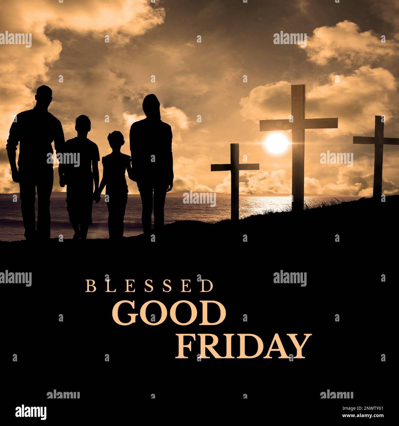 Image of blessed good friday text over silhouette of family and crosses ...