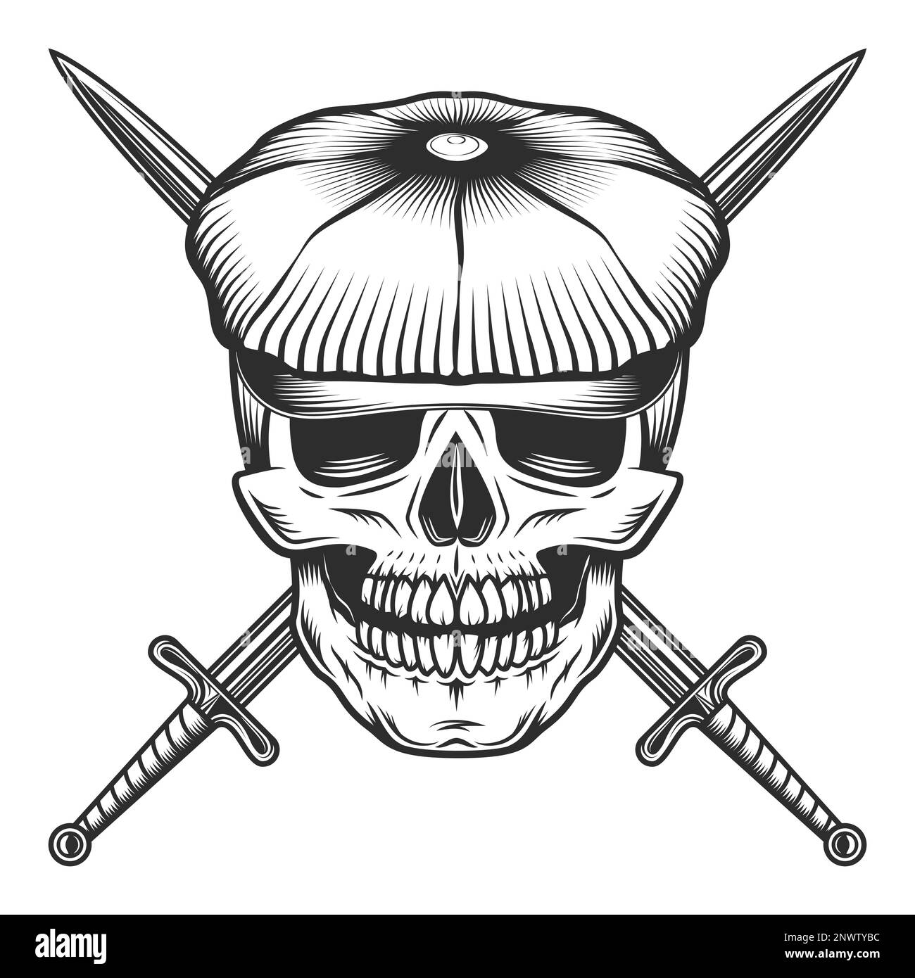 Skull in the tweed hat flat cap with knight sword vintage vector ...