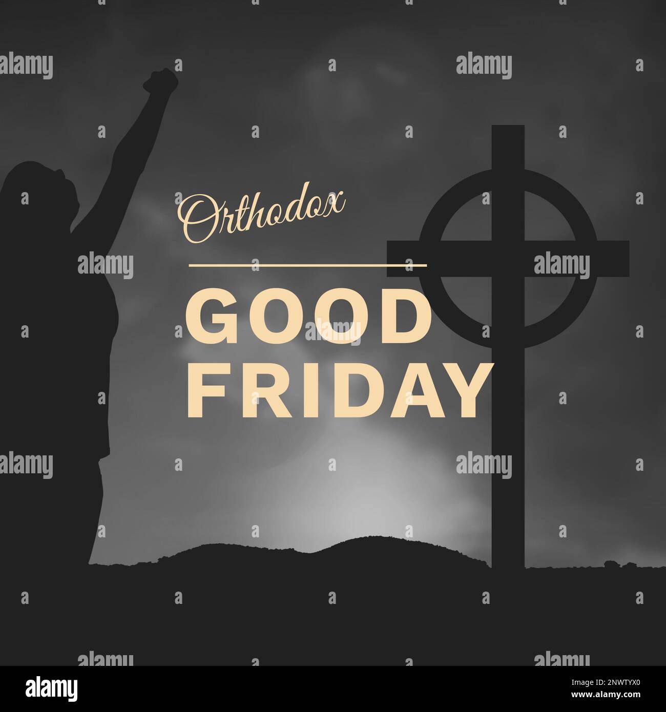 Image of good friday text over silhouette of woman raising hands and ...