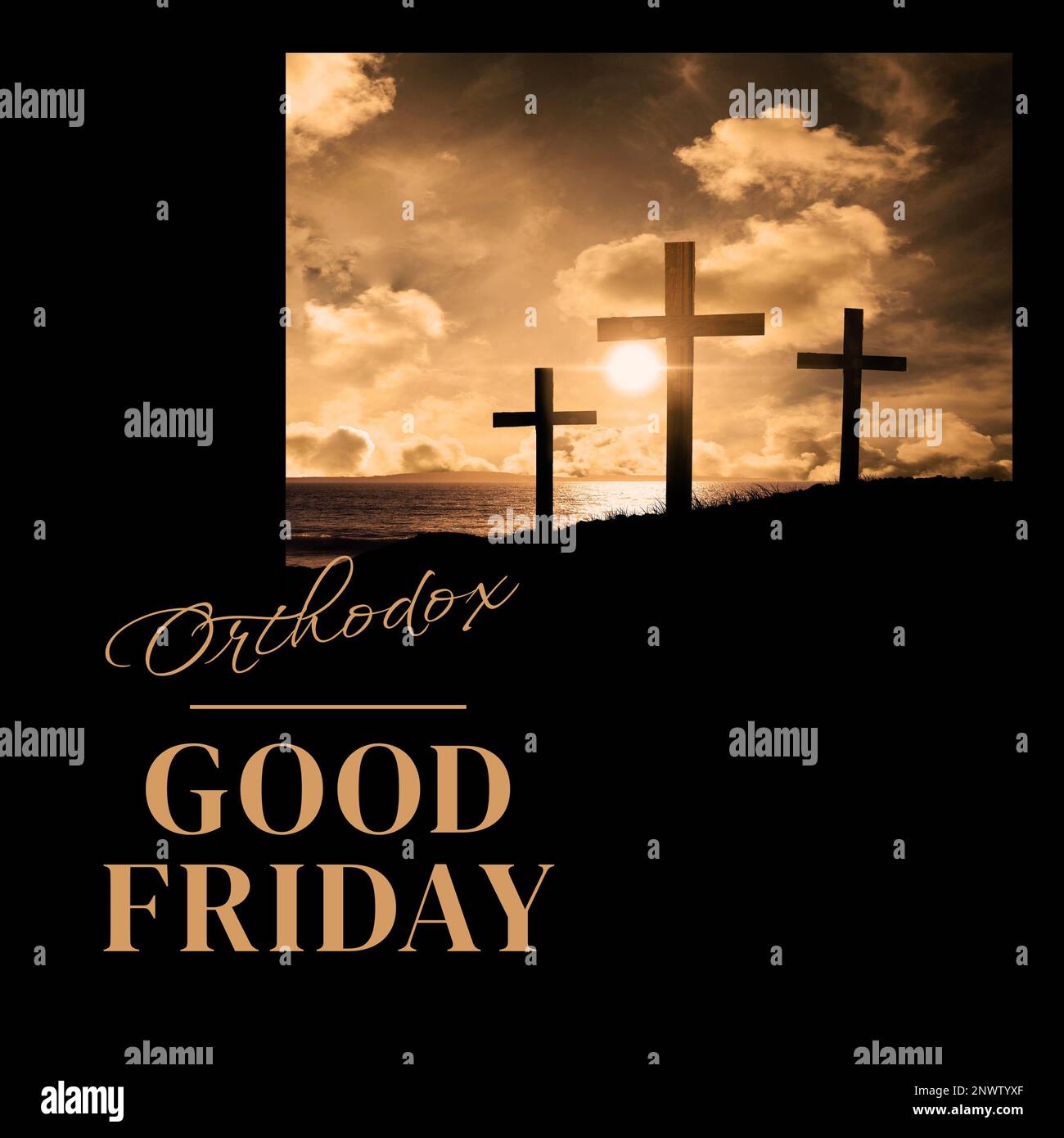 Image of good friday text over landscape and crosses. Good friday and ...