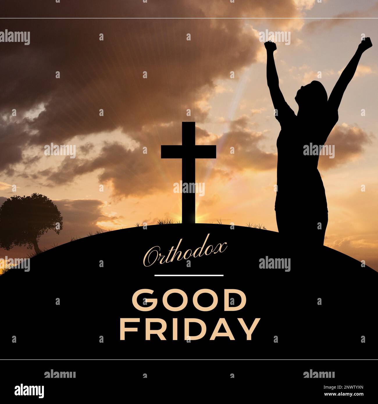 Image of good friday text over silhouette of woman raising hands and ...