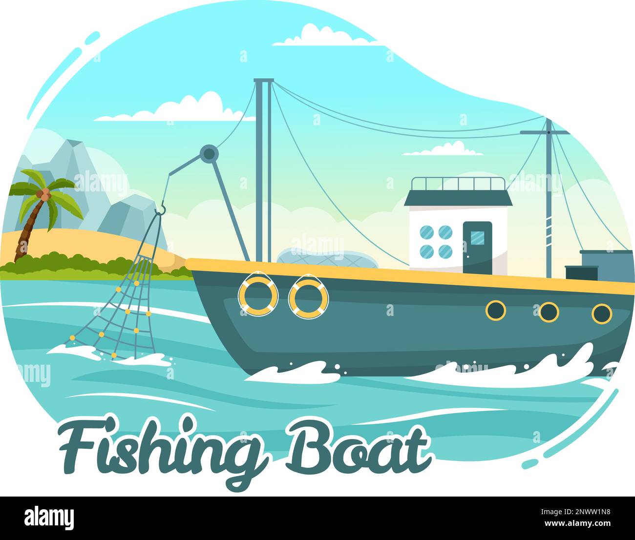 Fishing Boat Illustration with Fishermen Hunting Fish Using Ship for ...