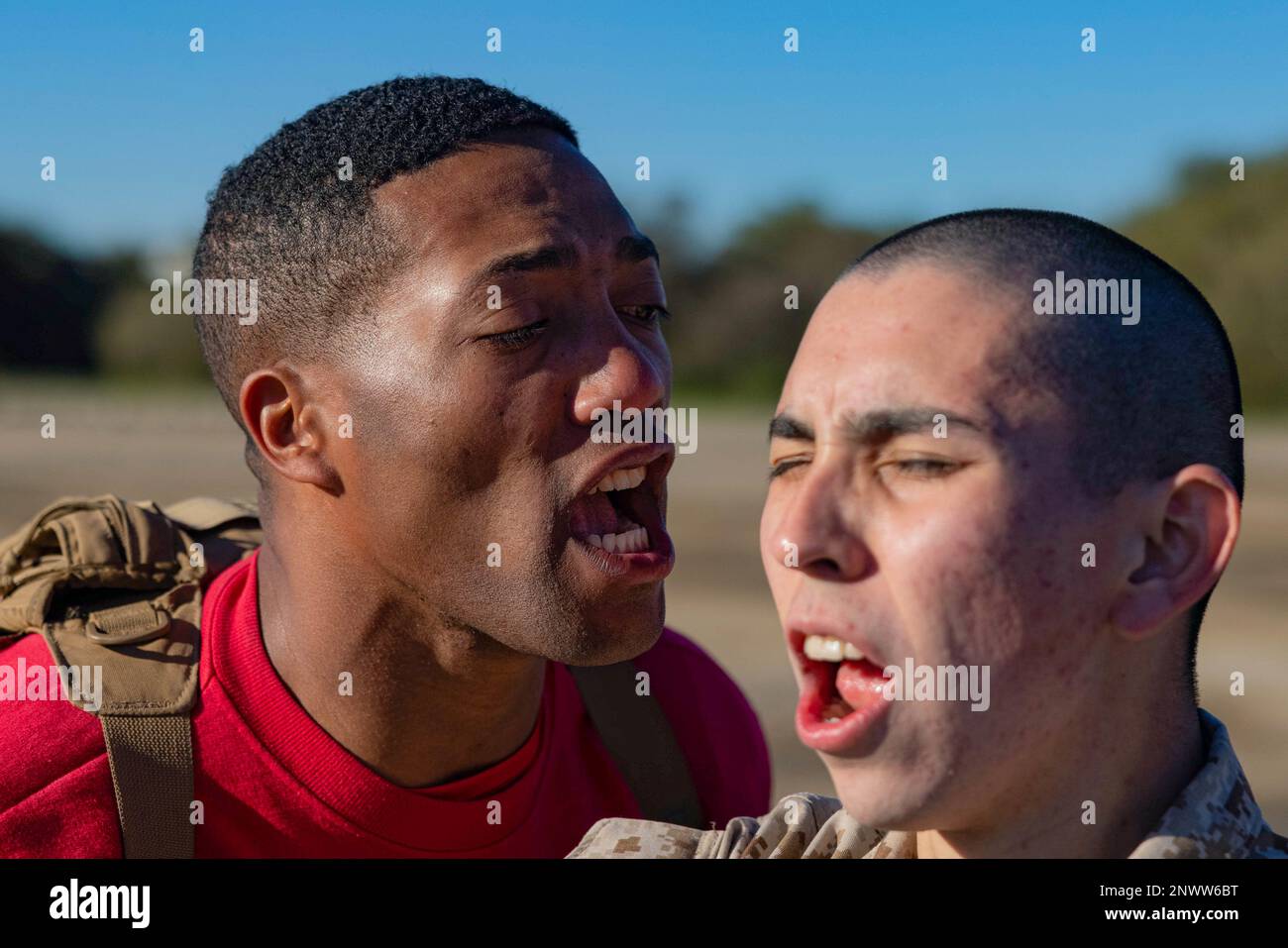 A U.S. Marine Corps drill instructor with Alpha Company, 1st Recruit ...