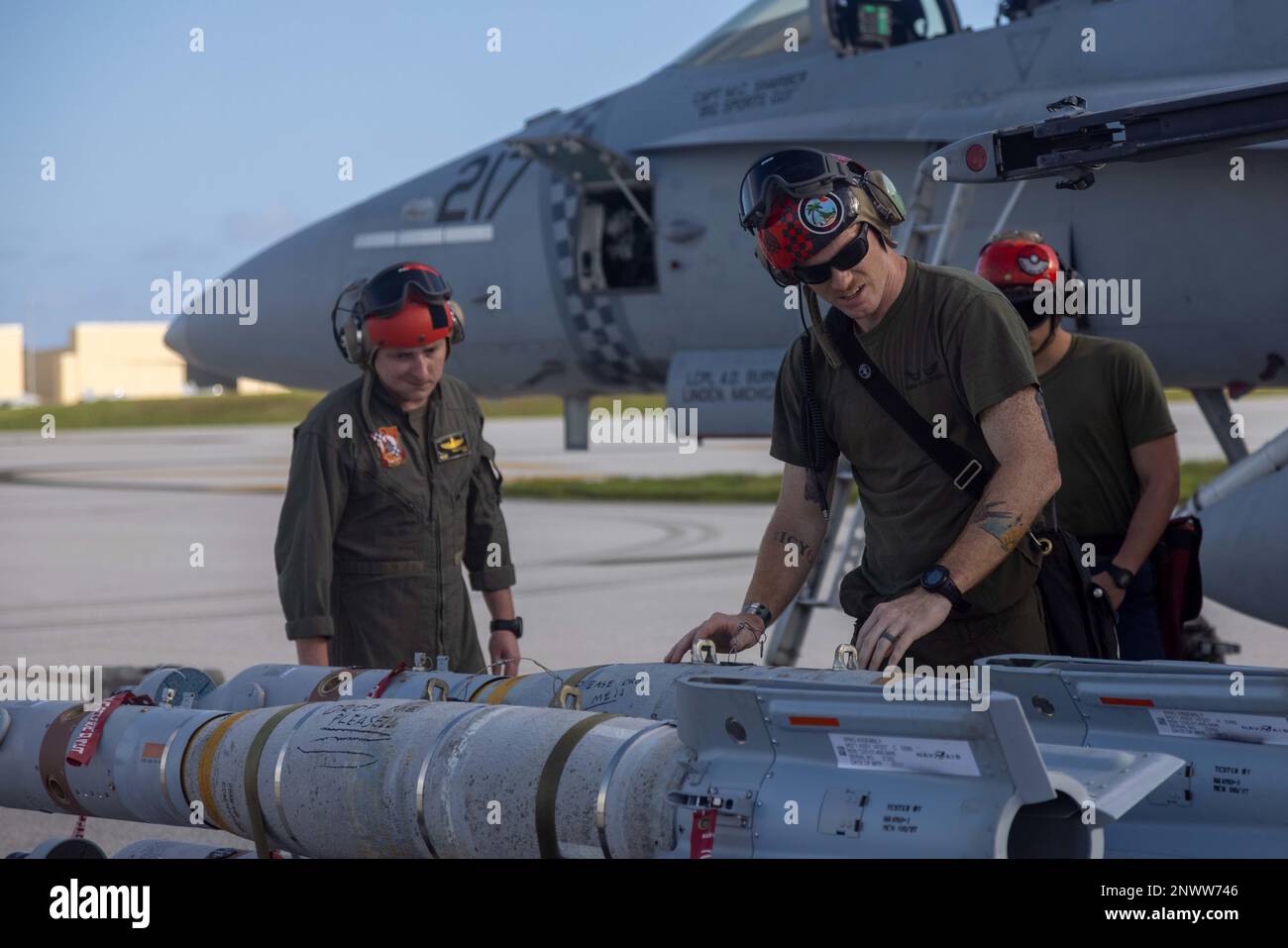 U.S. Marines with Marine Fighter Attack Squadron (VMFA) 312 inspect ...