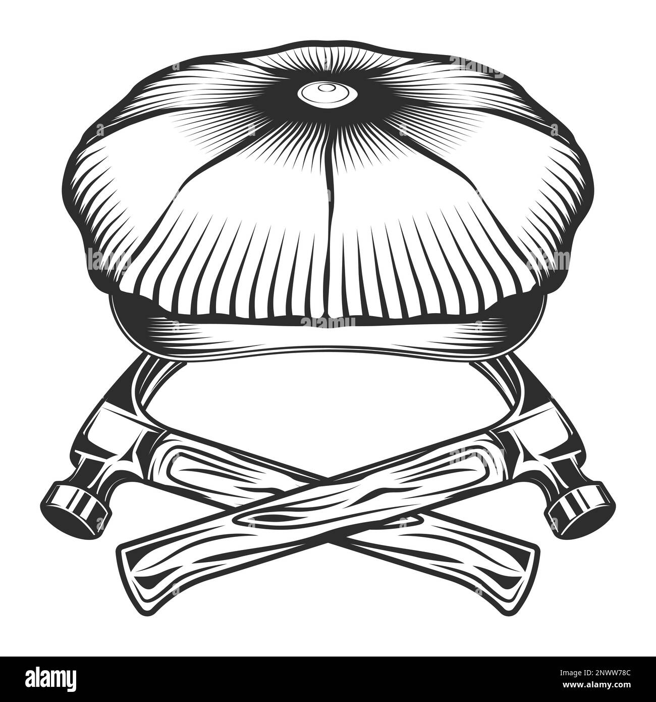 Tweed hat or flat cap with crossed construction hammer vintage vector ...