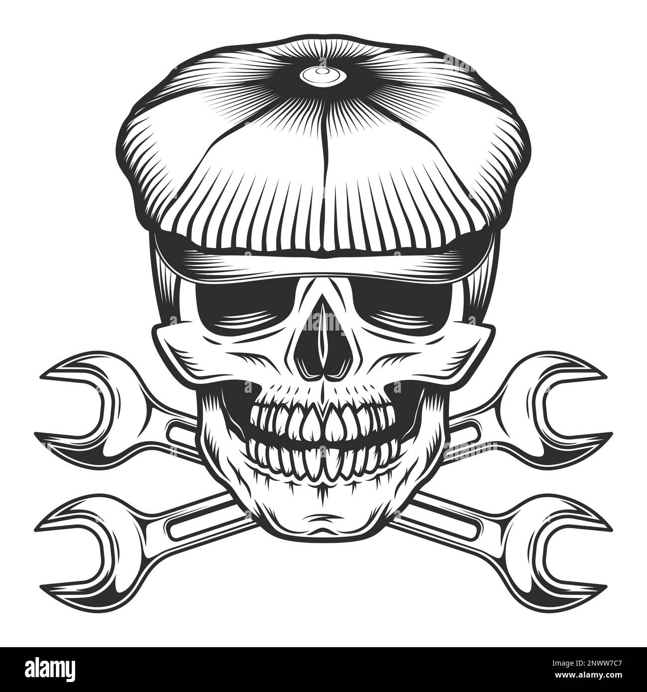 Skull in the tweed hat flat cap with crossed construction wrench or ...