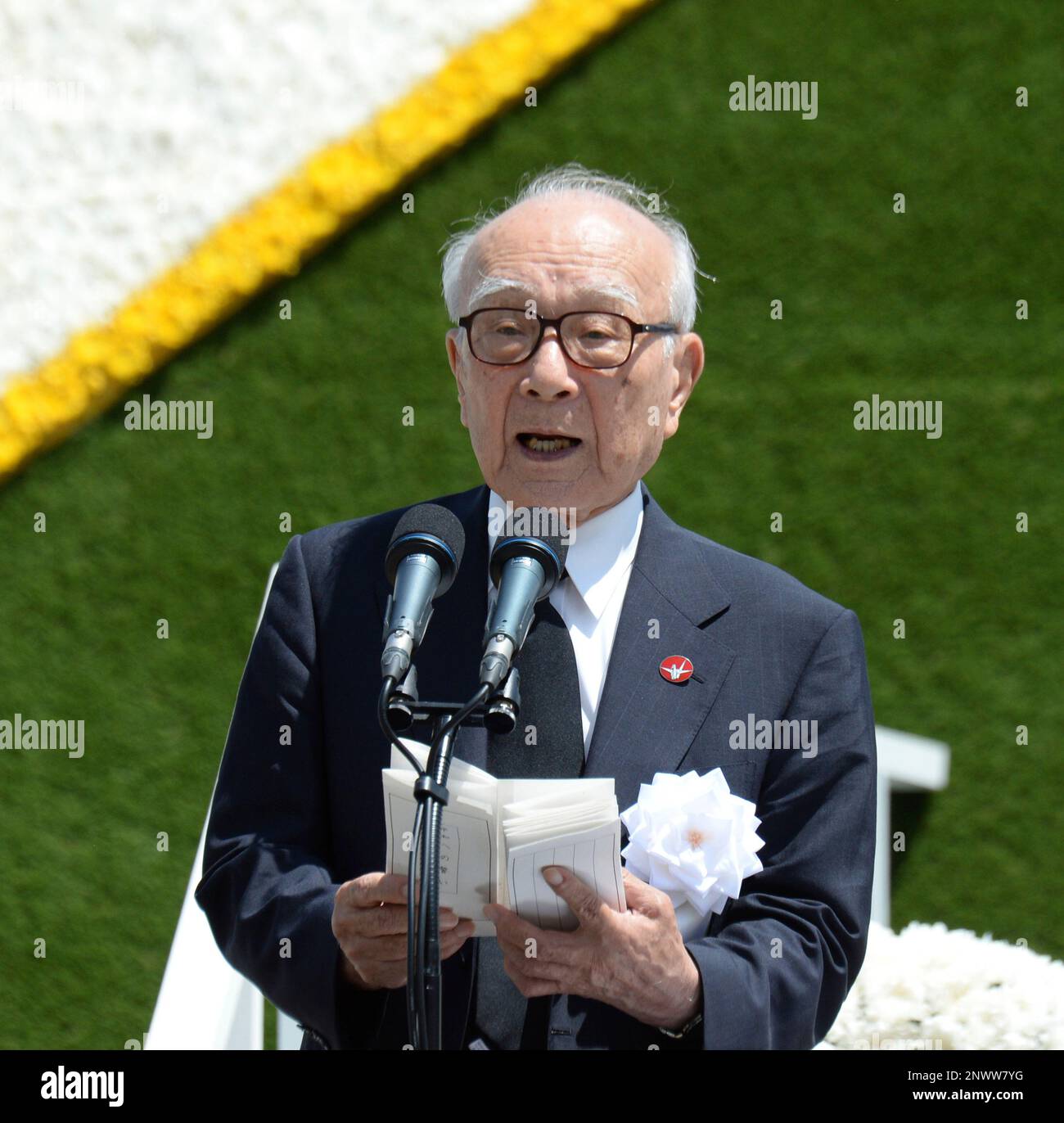 Terumi Tanaka, an atomic bomb survivor, delivers a speech during an ...