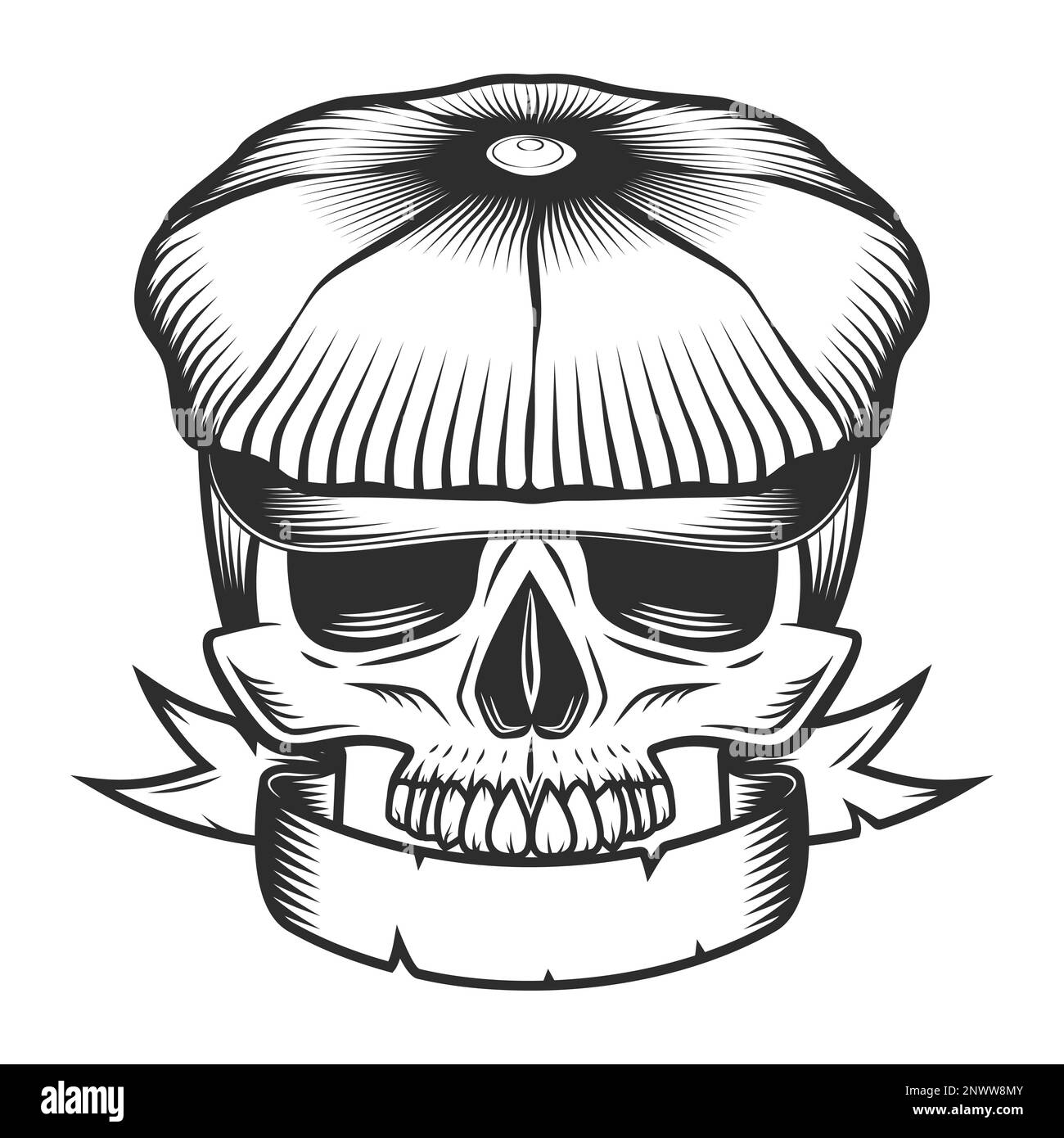 Skull in the tweed hat flat cap with ribbon vintage vector illustration ...