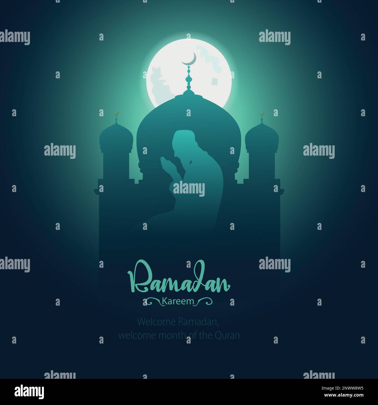 ramadan kareem and eid Mubarak greetings. Islamic people praying ...