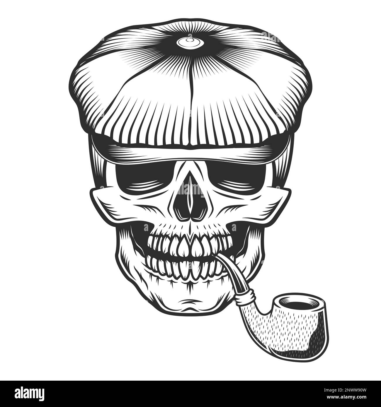 Skull with smoking pipe in the tweed hat flat cap vector vintage ...