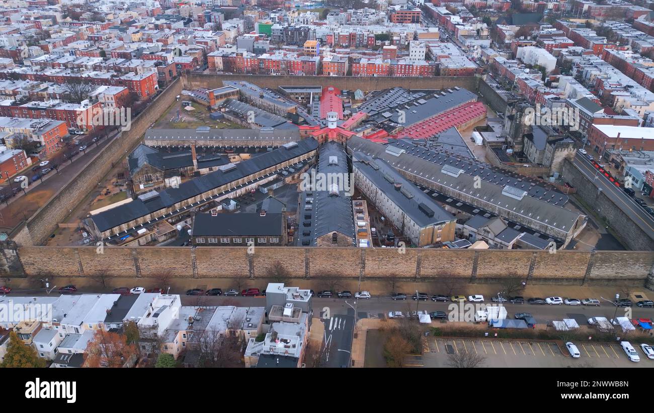 Eastern State Penitentiary in Philadelphia from above - flying over the ...