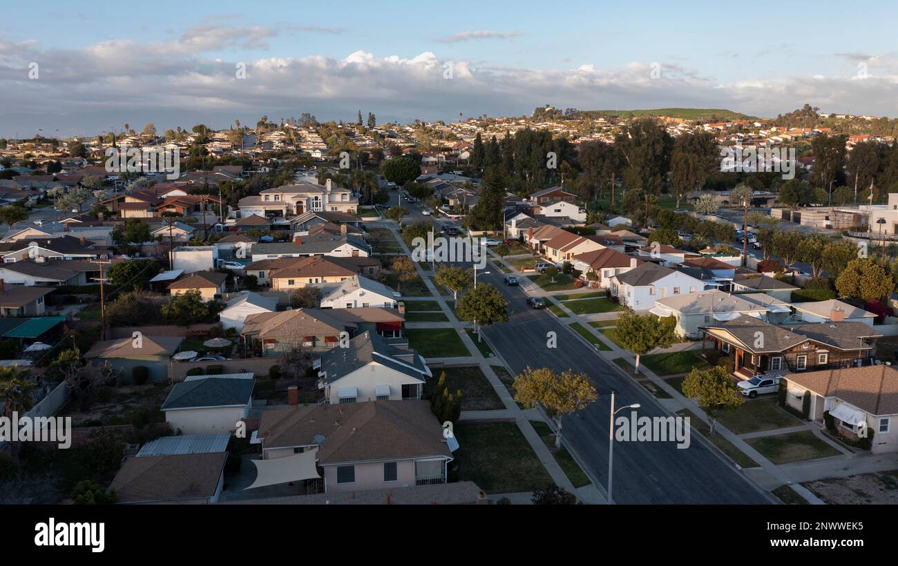 Sunset aerial view of dense suburban housing in Montebello, California ...