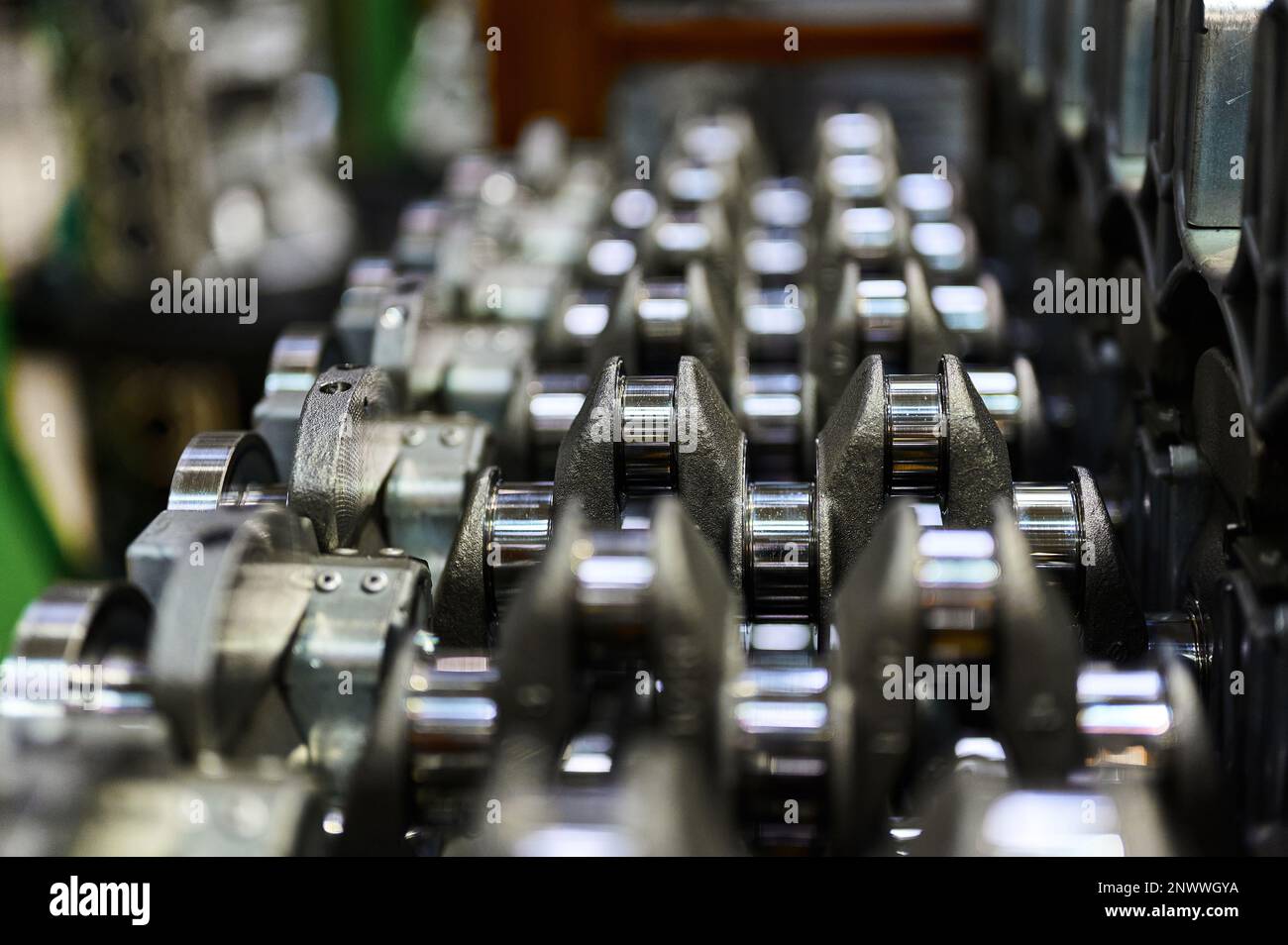 Automotive engine assembly line, set of crankshaft ready to be ...