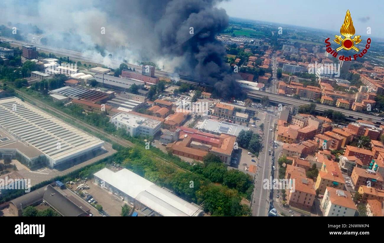 In this photo released by the Italian firefighters, an helicopter view ...