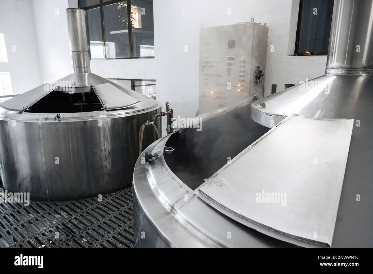 beer production plant. interior of a modern technological brewery Stock ...
