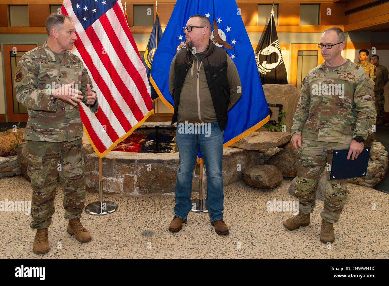 Col. Matt Husemann, left, 436th Airlift Wing commander, speaks with ...