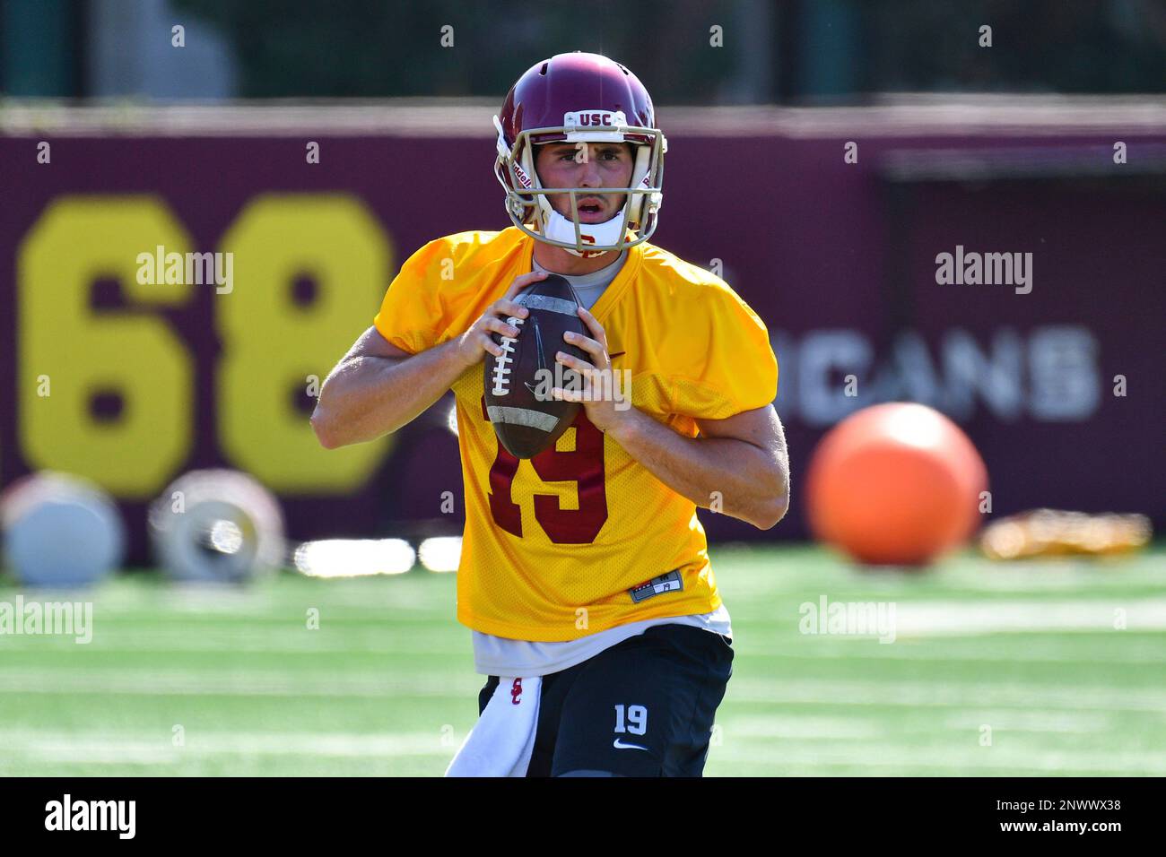 LOS ANGELES, CA - AUGUST 03: USC (19) Matt Fink (QB) runs a drill ...