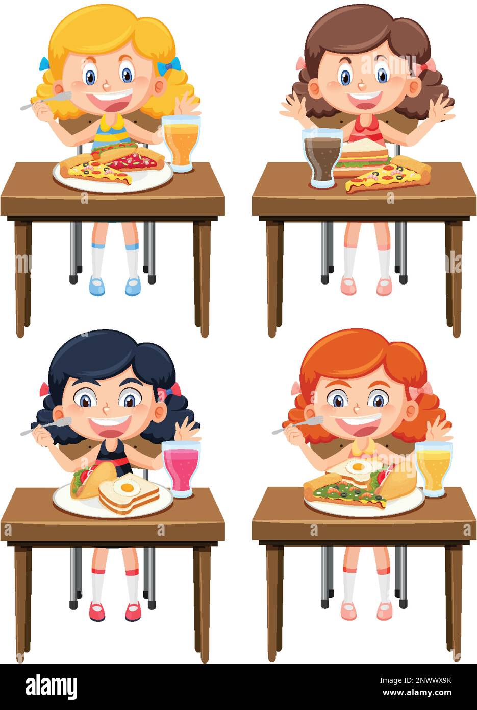 Set of girl cartoon eating food on the table illustration Stock Vector ...