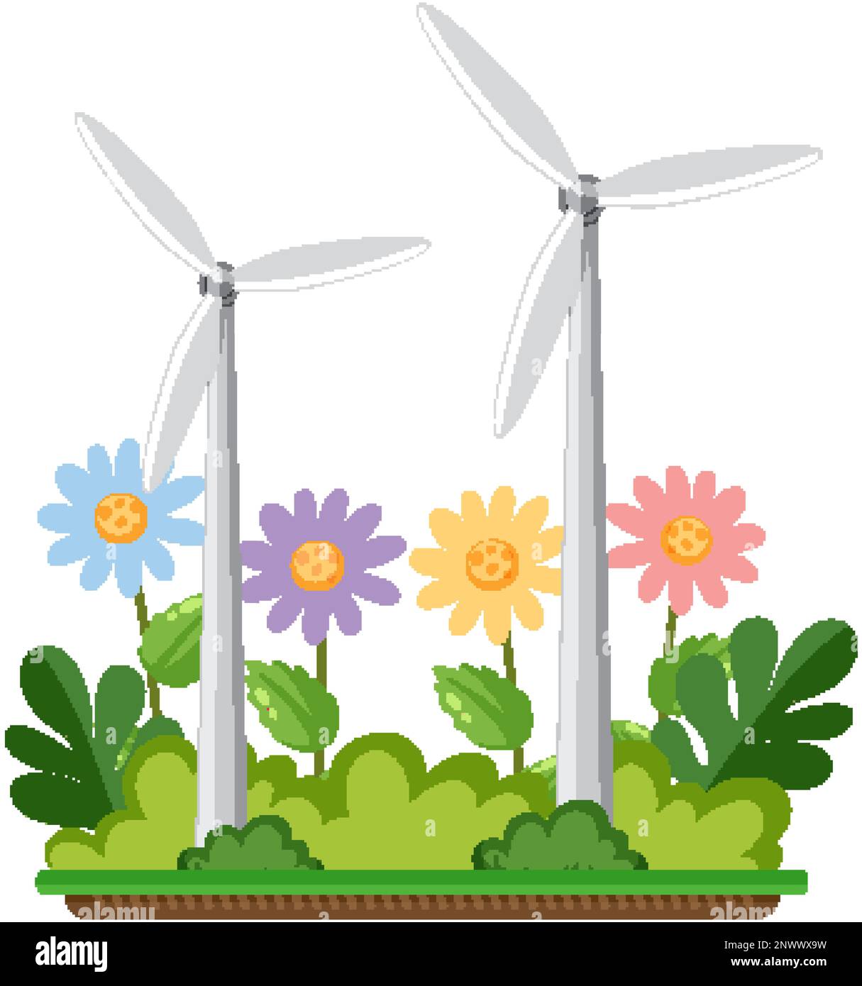 Colourful flowers with wind turbine illustration Stock Vector Image ...