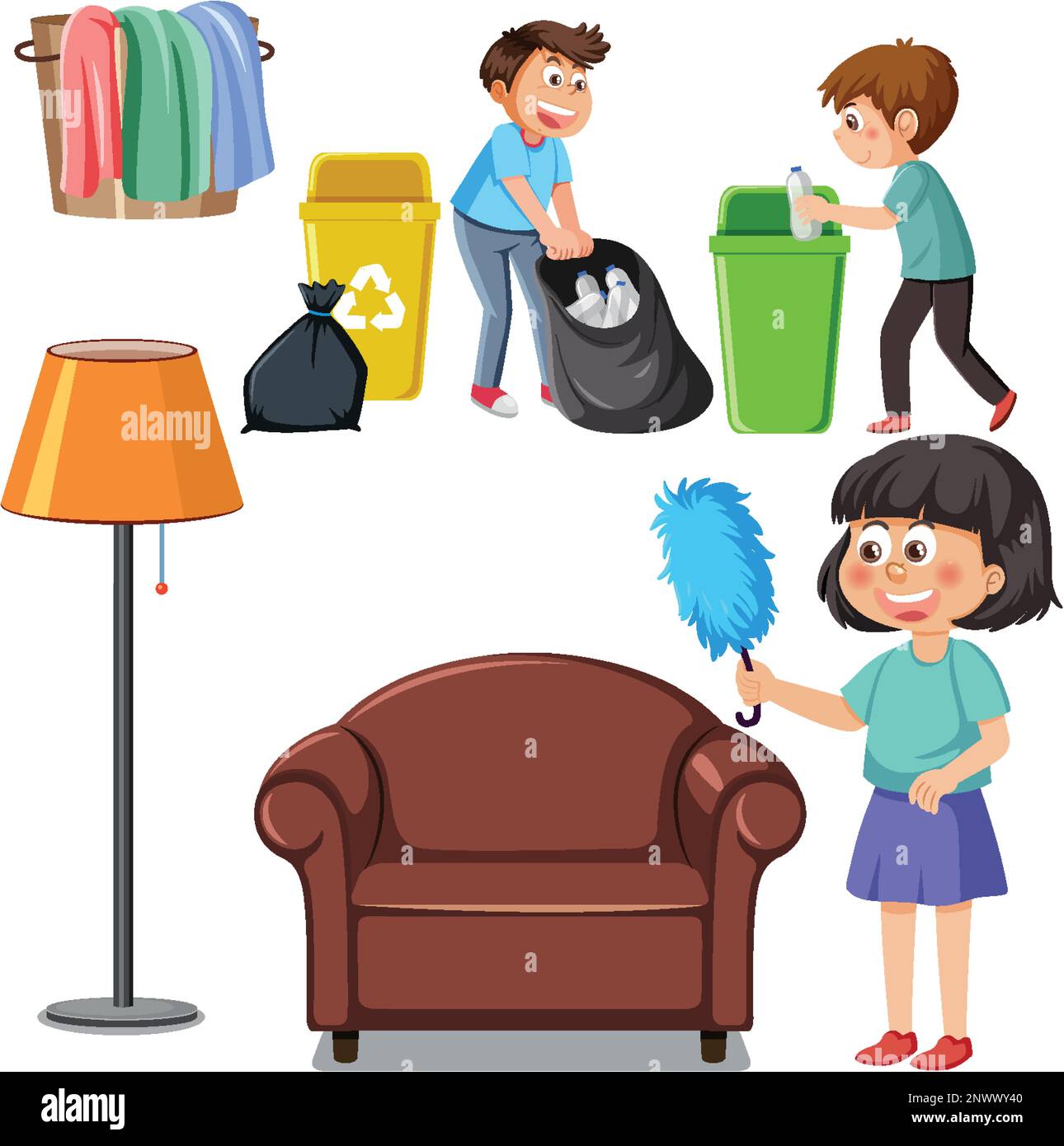 Set of children doing chores with household equipments illustration ...