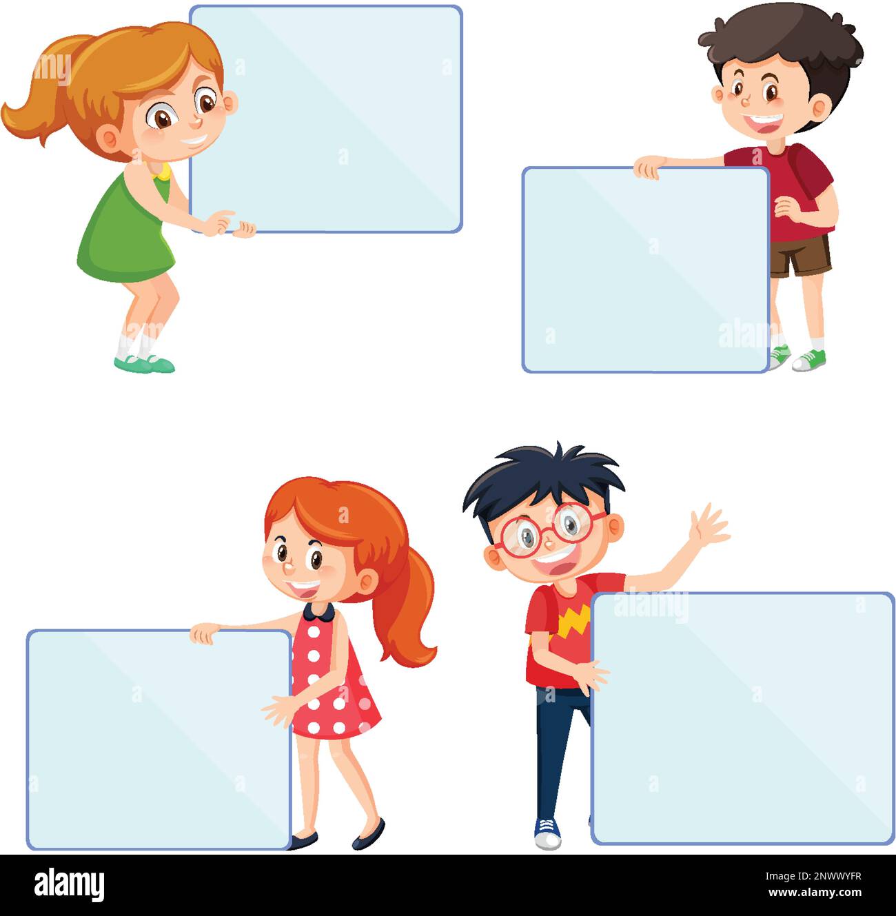 Set of kid cartoon character with empty board illustration Stock Vector ...