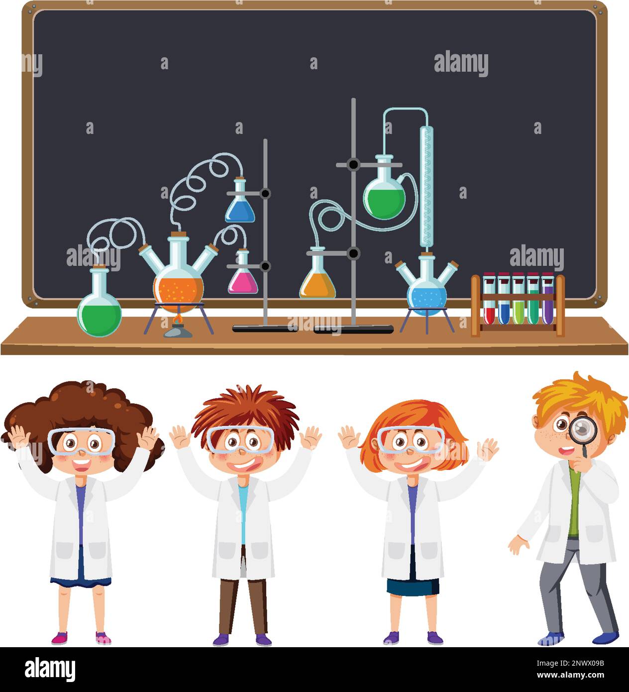 Scientist and student doing chemistry experiment illustration Stock ...