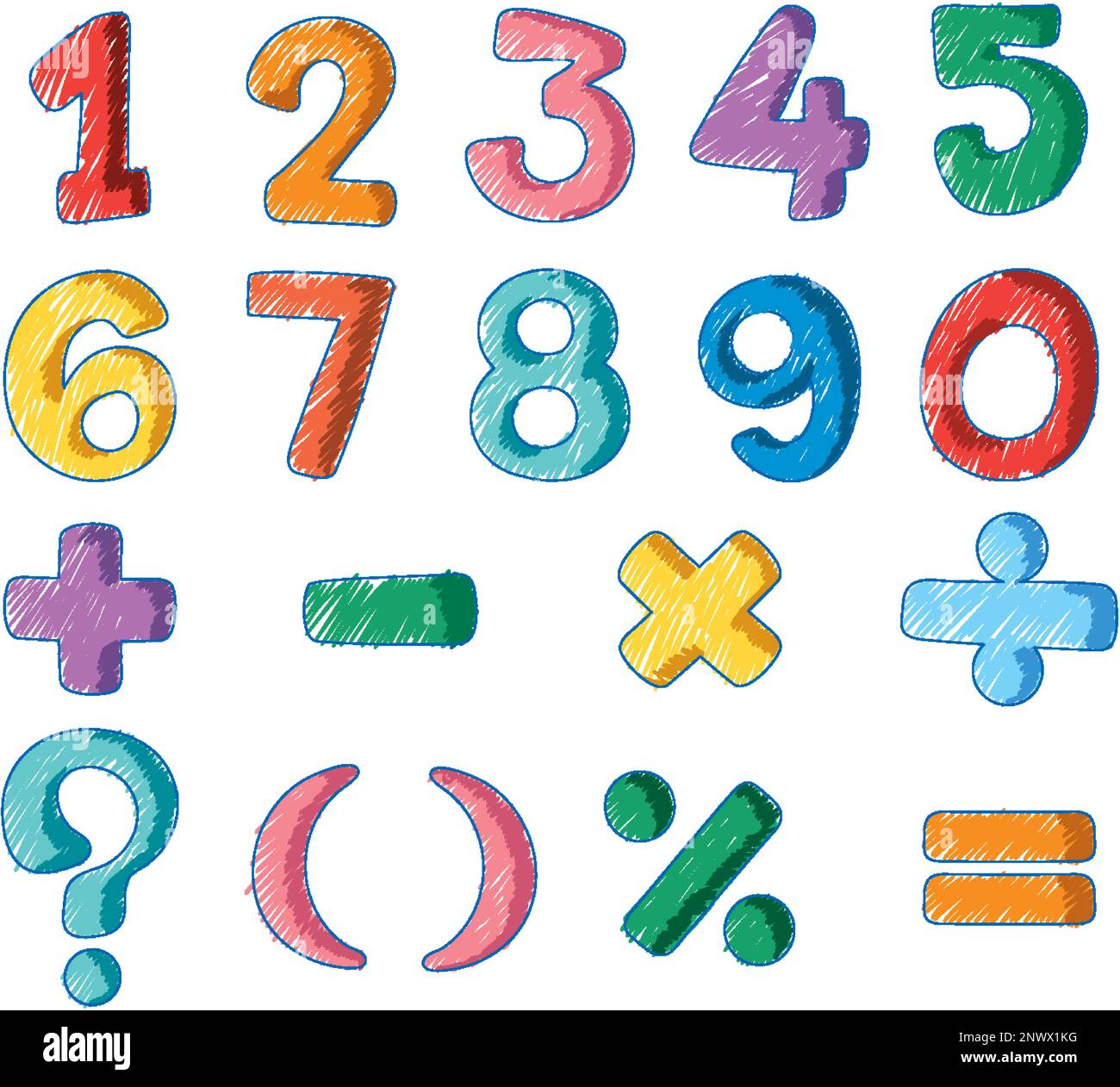 Set of numbers and math symbols pencil colour child scribble style ...