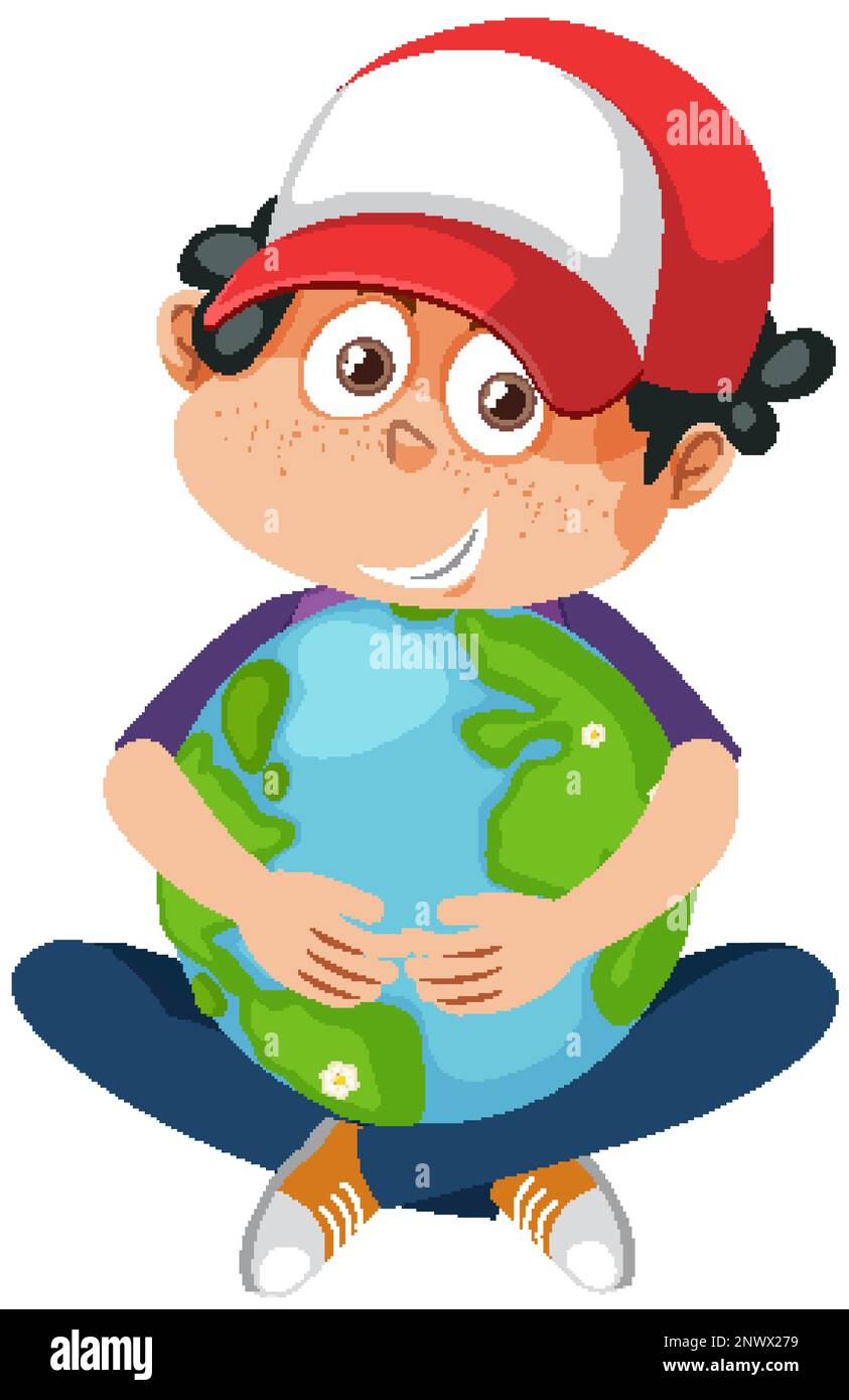 Happy boy hugging earth globe illustration Stock Vector Image & Art - Alamy