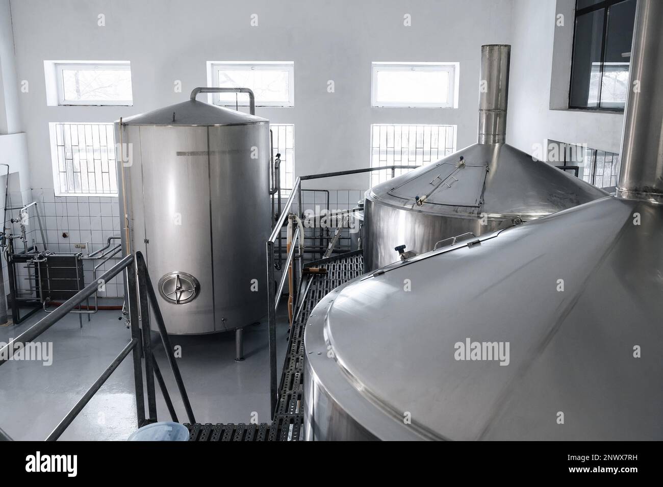 beer production plant. interior of a modern technological brewery Stock ...