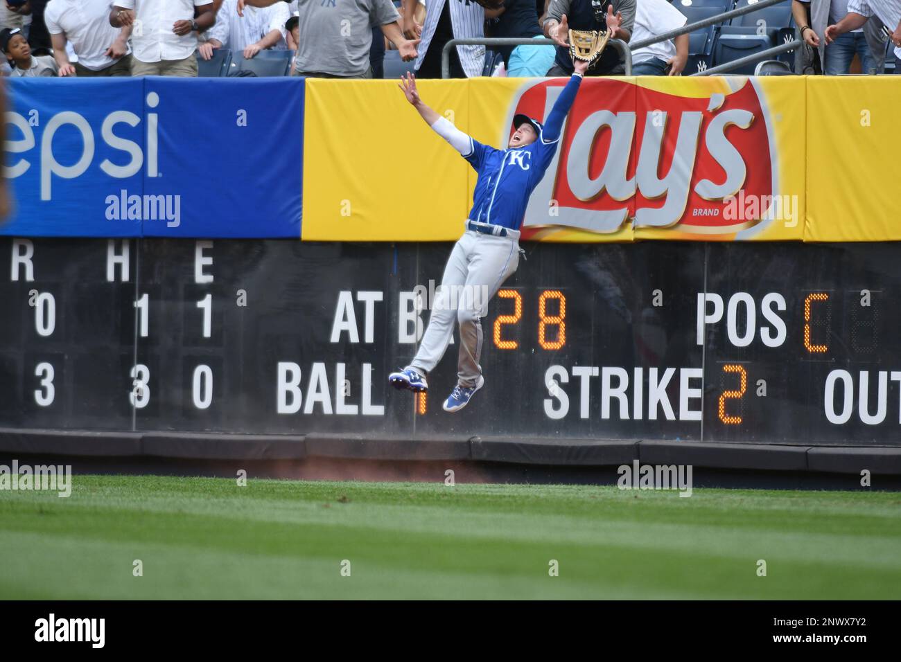 Kansas City Royals outfielder Brett Phillips (14) takes a home run away ...