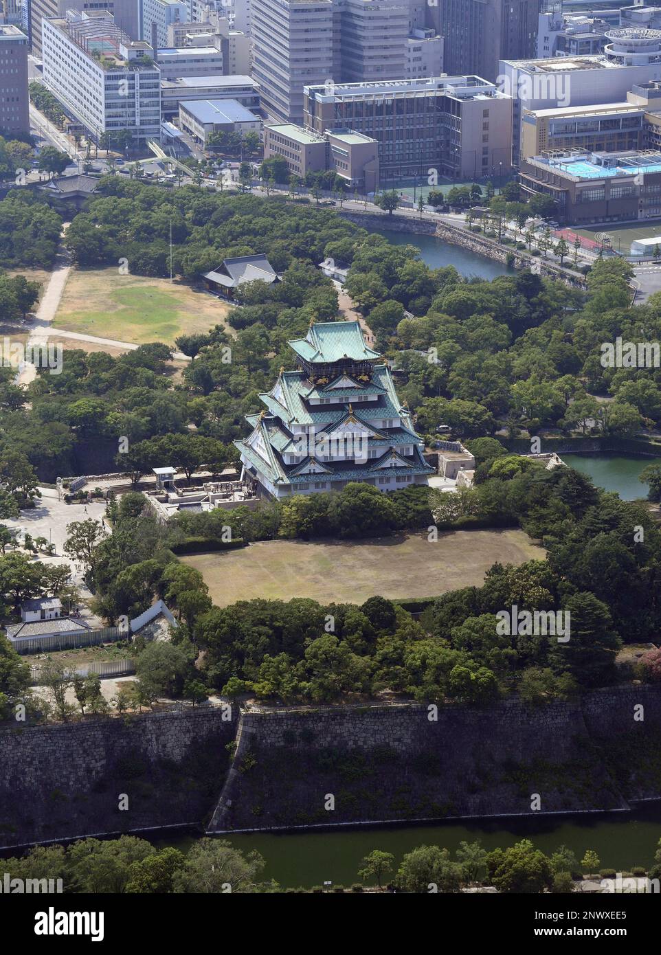 An aerial photo shows Osaka castle Tower at Osaka Castle Park in Osaka ...