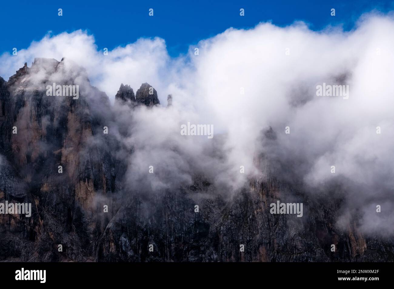 Rock cliffs and summits in Val Brenta in Brenta Dolomites, partially ...