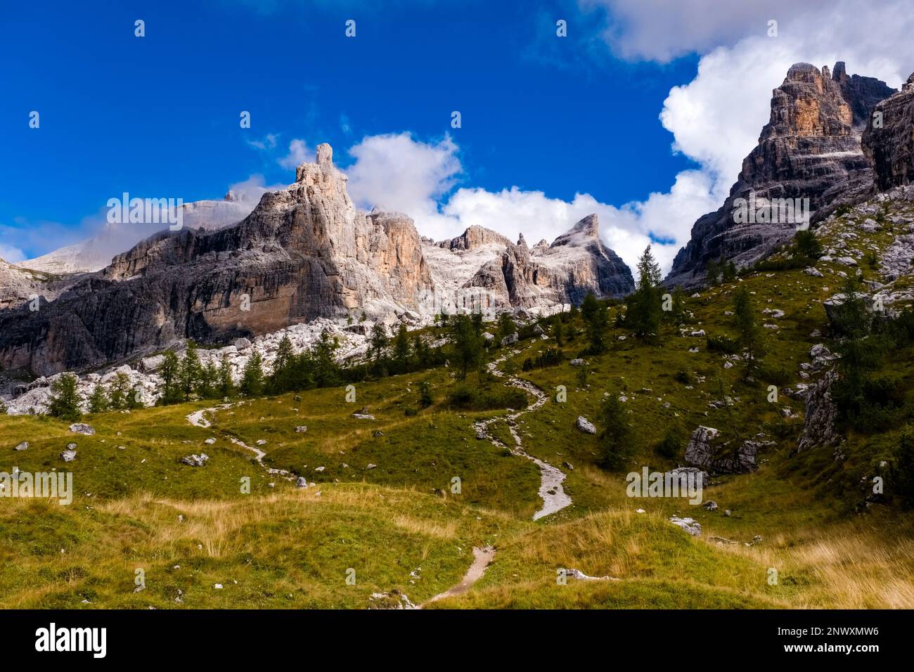 A hiking path in Brenta Dolomites leading to the mountain hut Rifugio ...
