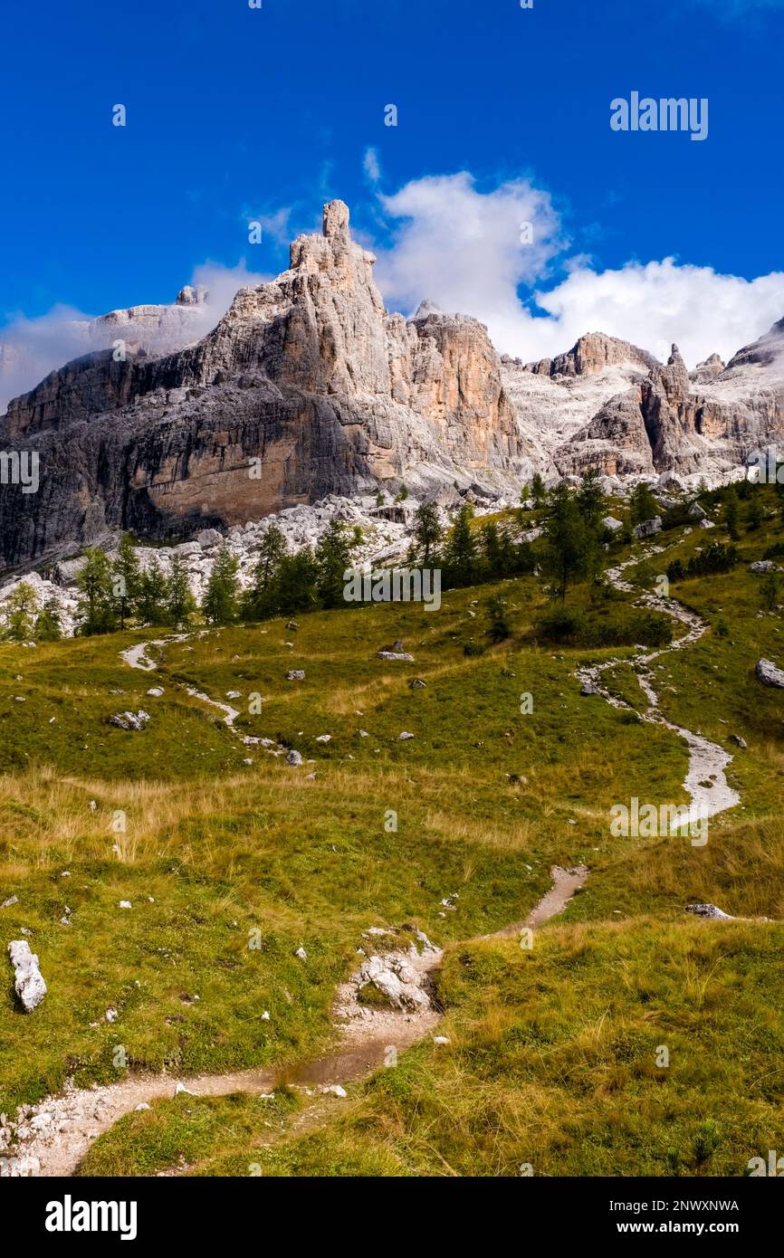 A hiking path in Brenta Dolomites leading to the mountain hut Rifugio ...