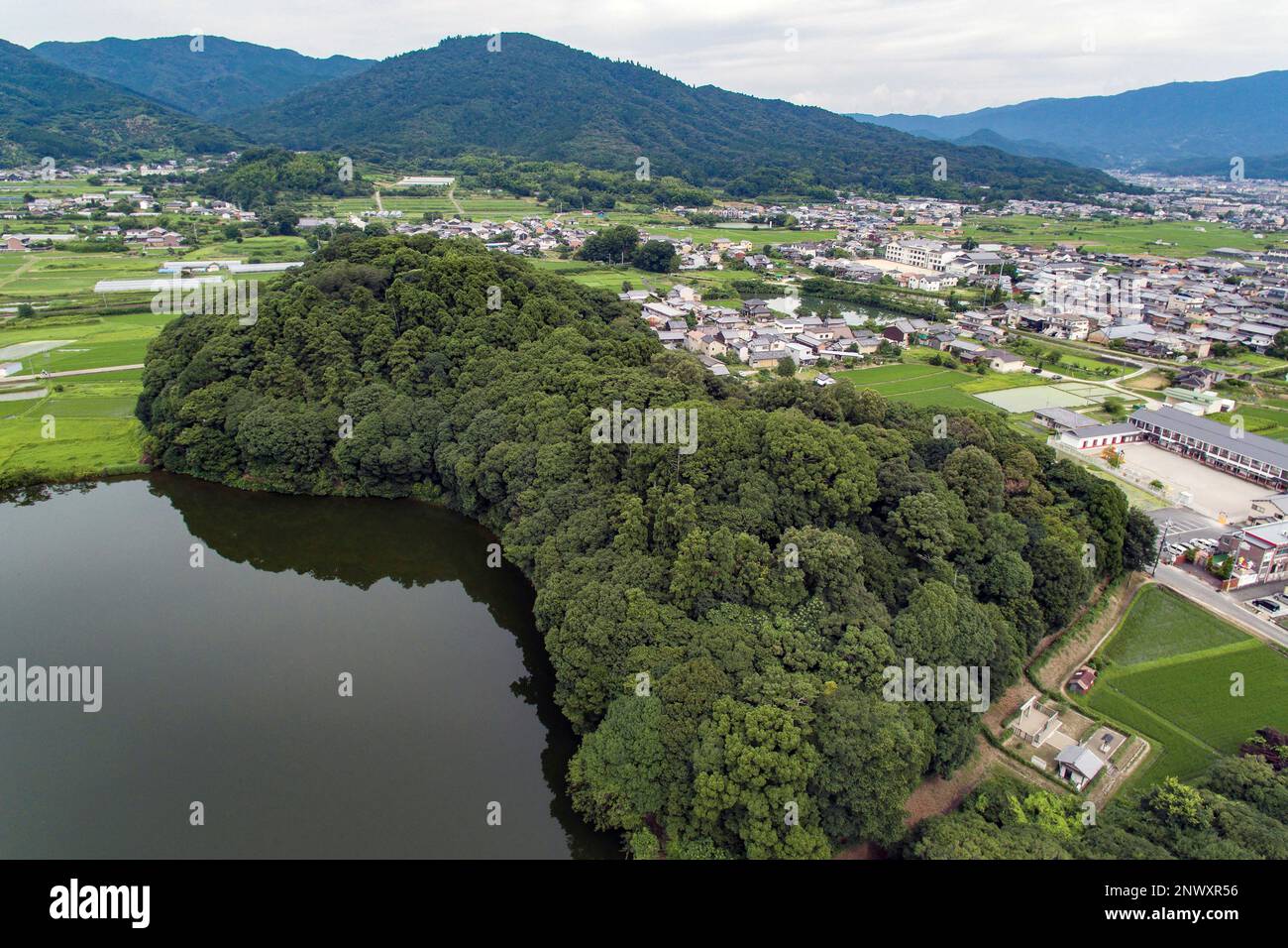 A photo from drone taken on June 11, 2018 shows the Hashihaka Kofun ...