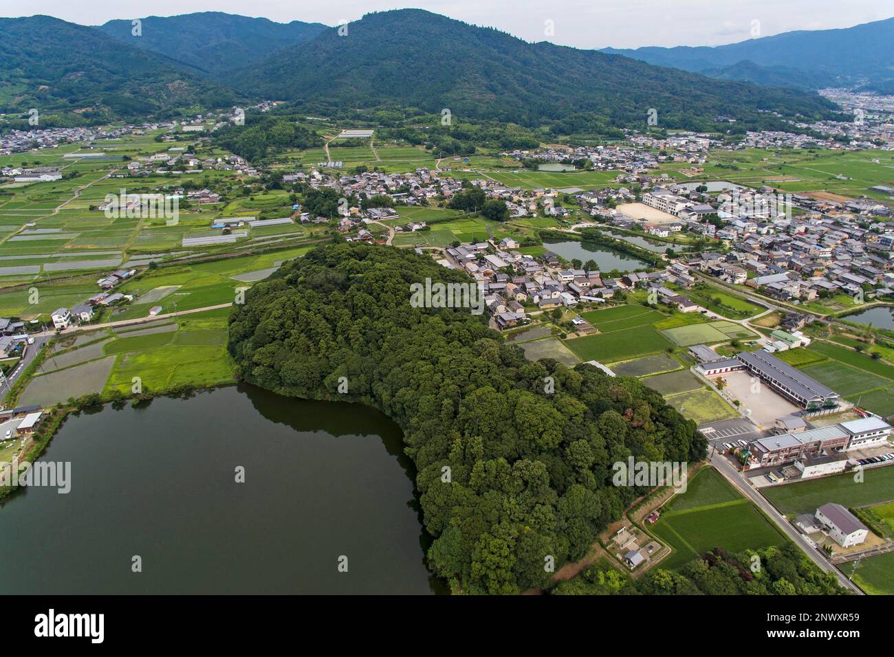A photo from drone taken on June 11, 2018 shows the Hashihaka Kofun ...