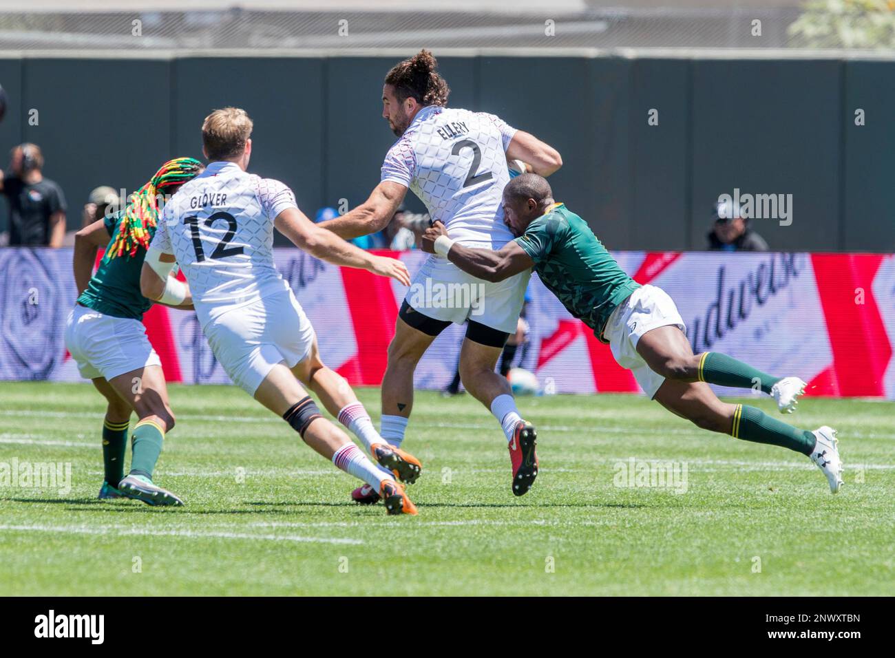 SAN FRANCISCO, CA - JULY 22: A South African defender tackles England's ...