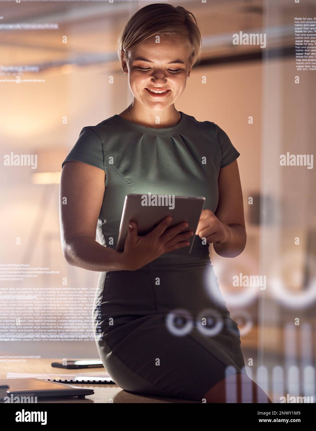 Tablet, coding or abstract for business woman in night office for data ...