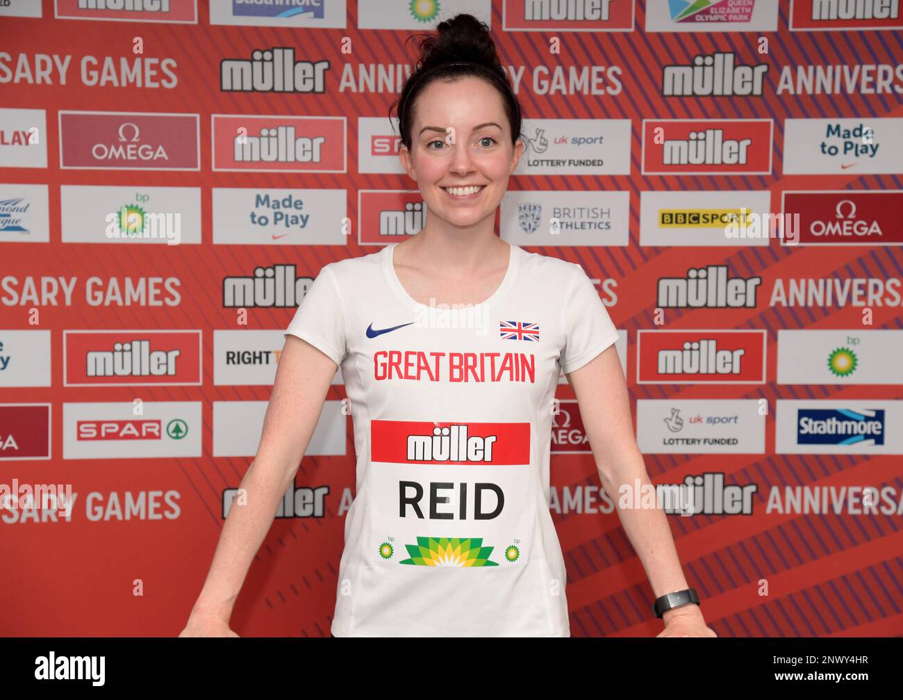 Paralympic long jumper Stef Reid (GBR) poses during a press conference ...